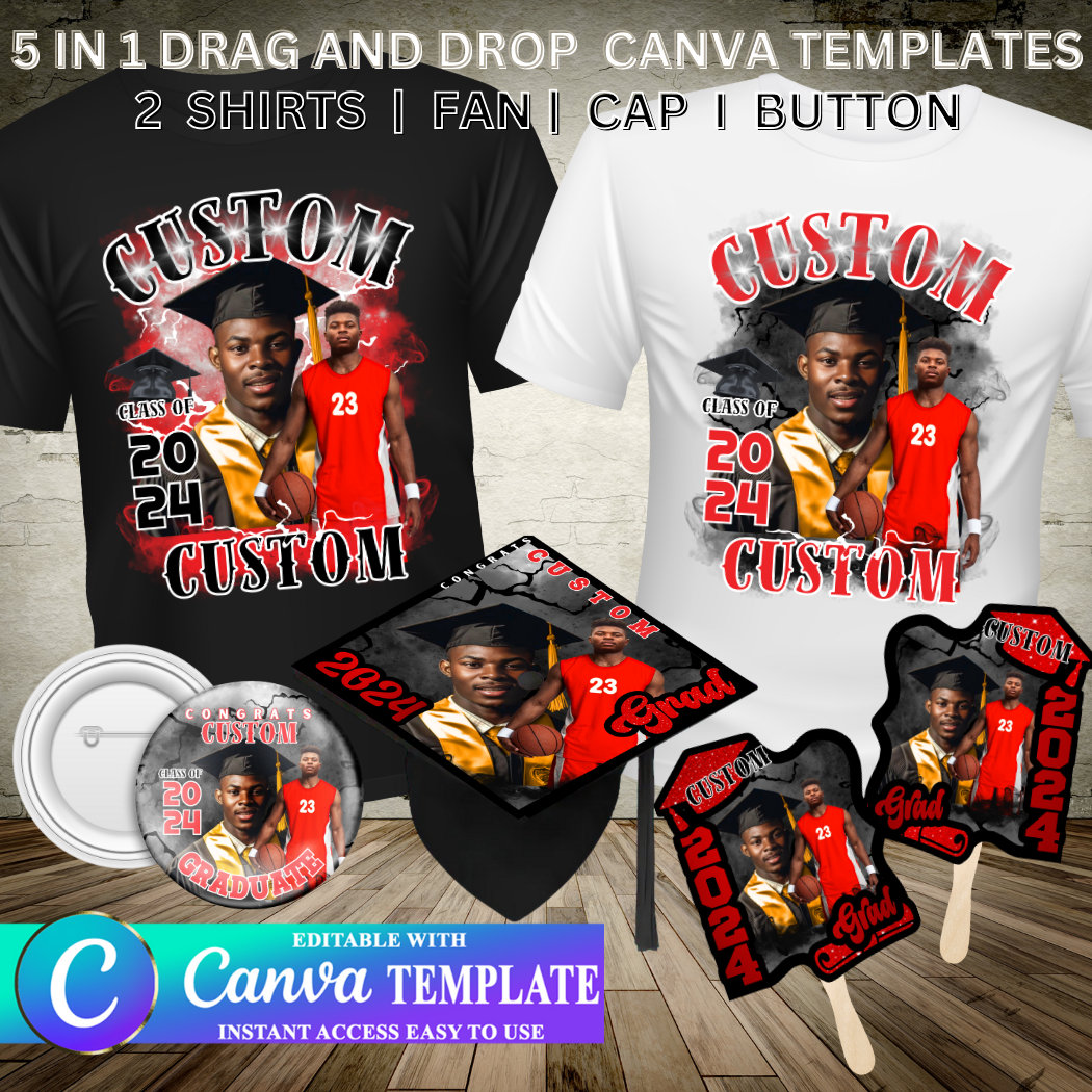 5 Editable RED Black Canva Graduation Template Shirt Graduation Button ...