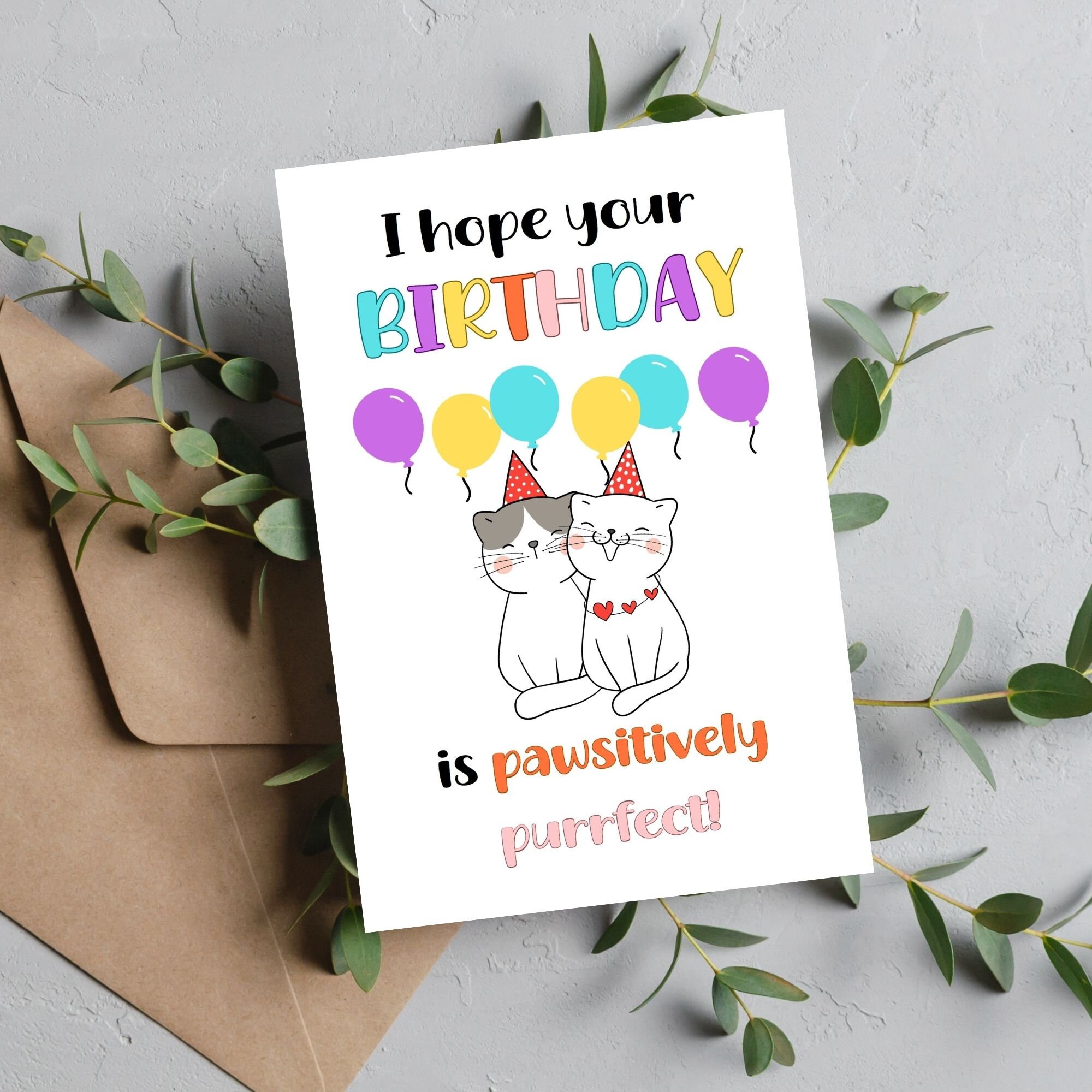 Cute Cat Printable Birthday Card, Partying Cats Birthday Card, Adorable ...