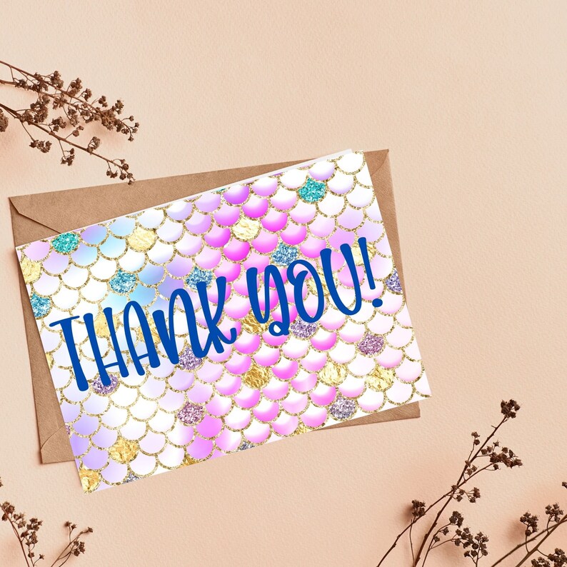 Printable Pink and White Mermaid Scale Thank You Card, Cute DIY Card, Instant Download PDF ...