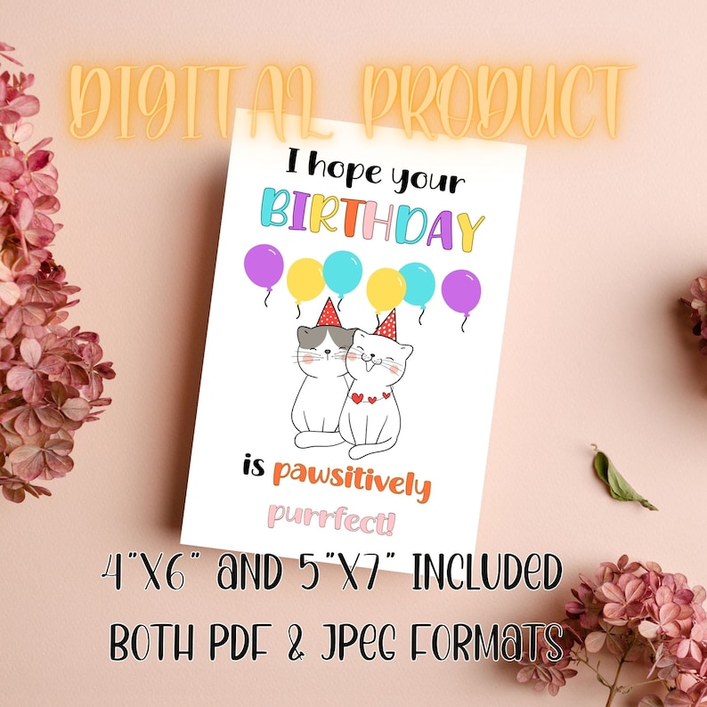Cute Cat Printable Birthday Card, Partying Cats Birthday Card, Adorable ...