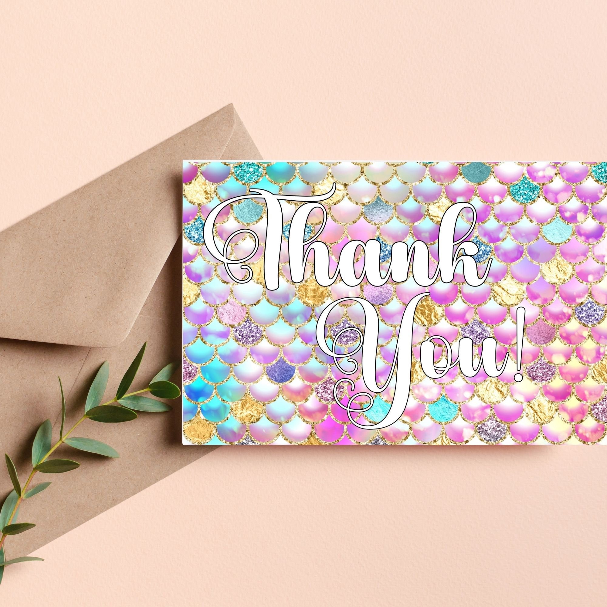 Printable Pink and Blue Mermaid Scale Thank You Card 6"x4", Instant ...