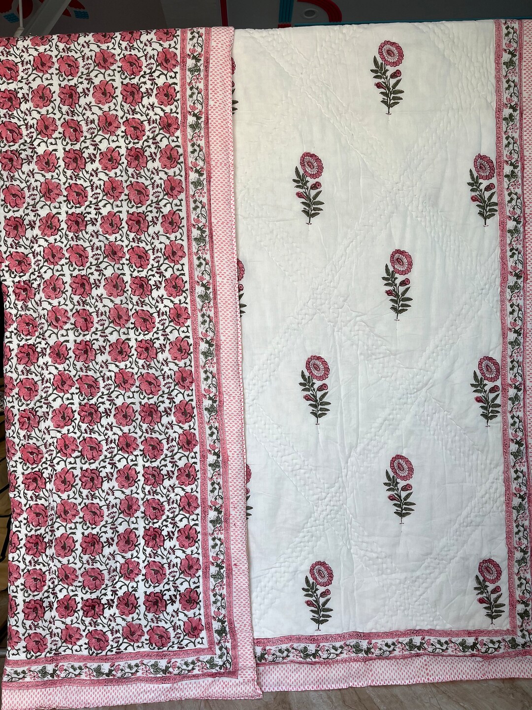 Indian Quilt Rajai Pink Quilt Block Print Quilt Cotton Quilt Cotton ...