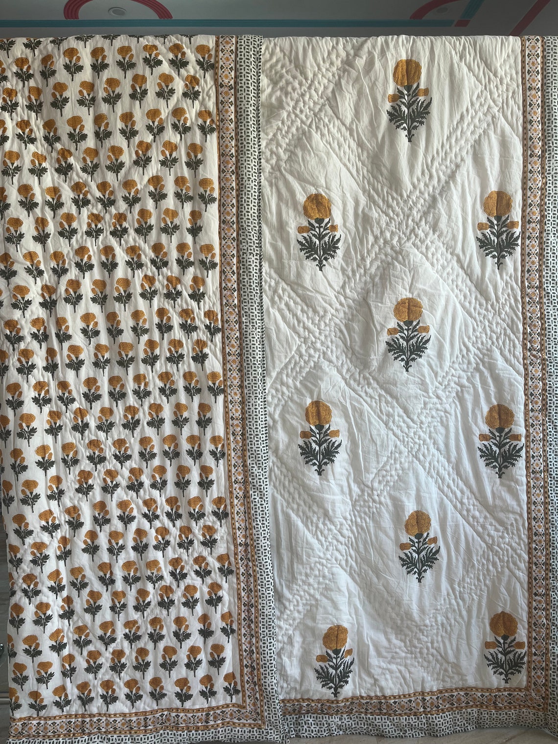 Traditional indian Quilt , Block Print ,light Weight, Queen Size,100% ...