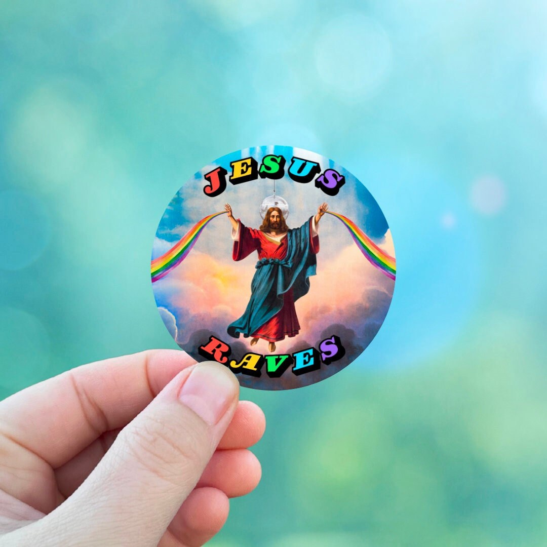 Jesus Raves Funny Gay Pride Stickers | Unique LGBTQ Religious Sticker ...