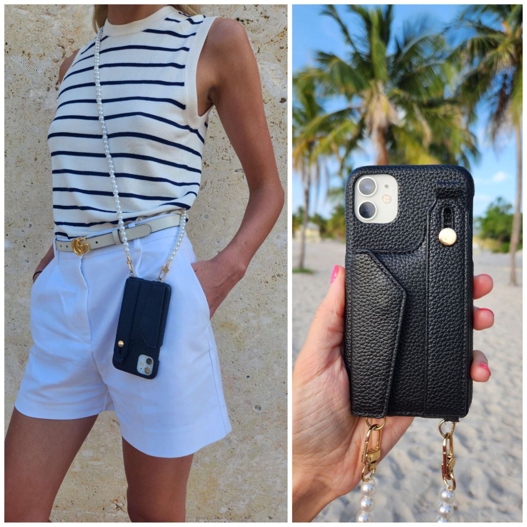 Pearl and Leather Crossbody Case for iPhone 14 Pro, Strap Case, Phone ...