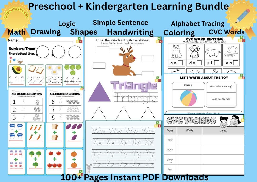 Preschool Kindergarten Learning Bundle Printable Worksheets Pages ...
