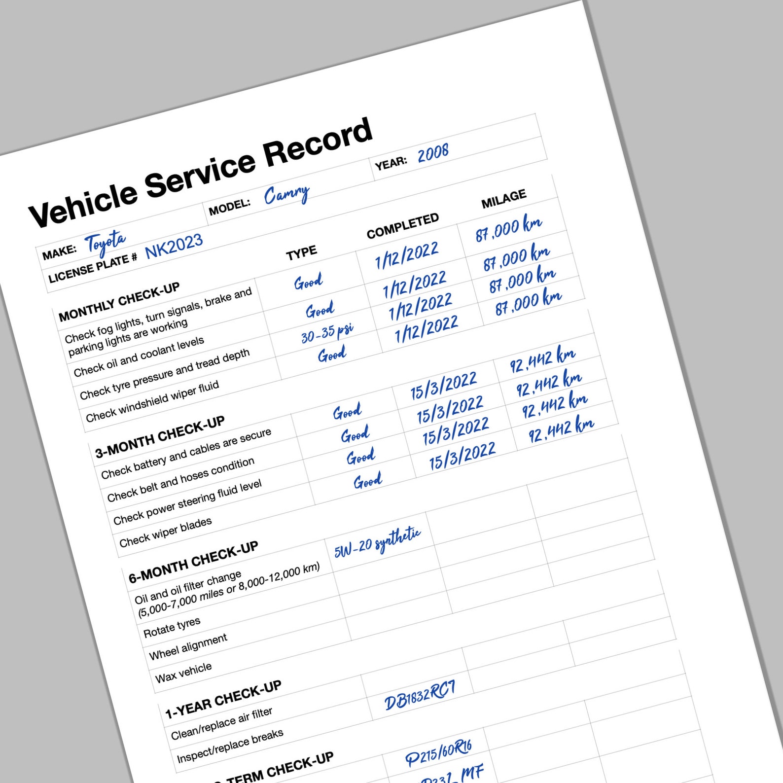 Vehicle Service Record Form | Printable PDF | Maintenance Log | Car ...