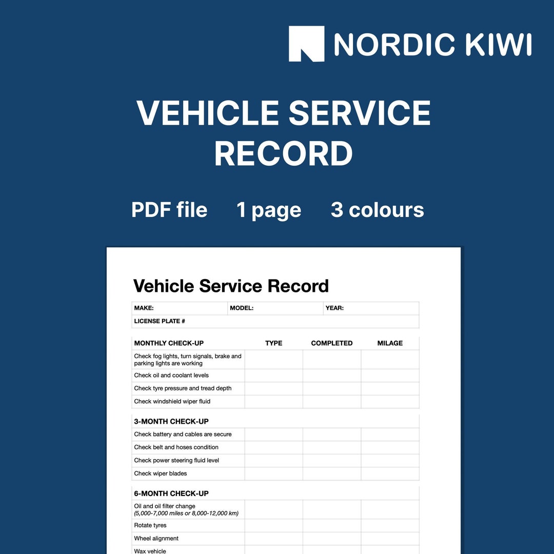 Vehicle Service Record Form Printable PDF Maintenance Log - Etsy