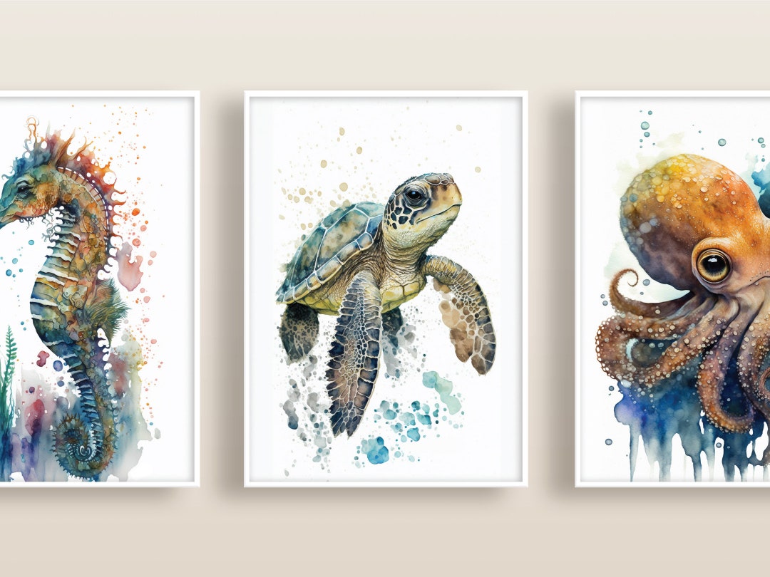 Nursery Sea Animal Wall Art Watercolor Baby Home Décor Animal Digital ...