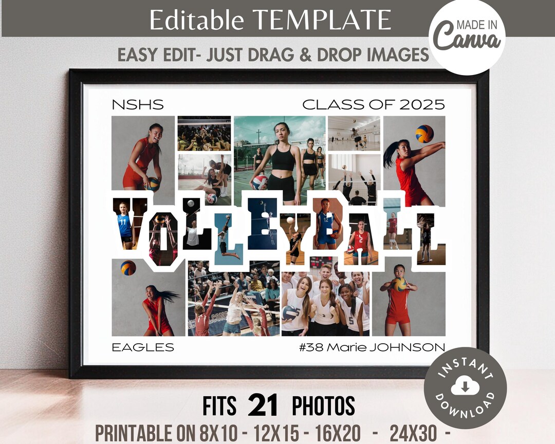 Editable VOLLEYBALL Word Photo Collage Frame TEMPLATE Custom Sports ...