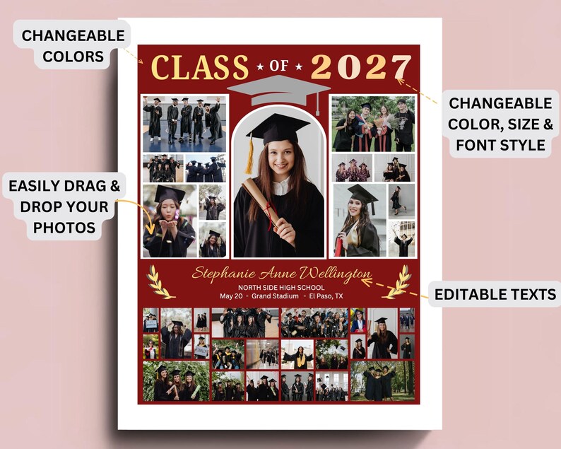 Editable 2026 GRADUATION Photo Collage Poster TEMPLATE, Printable 16x20 ...