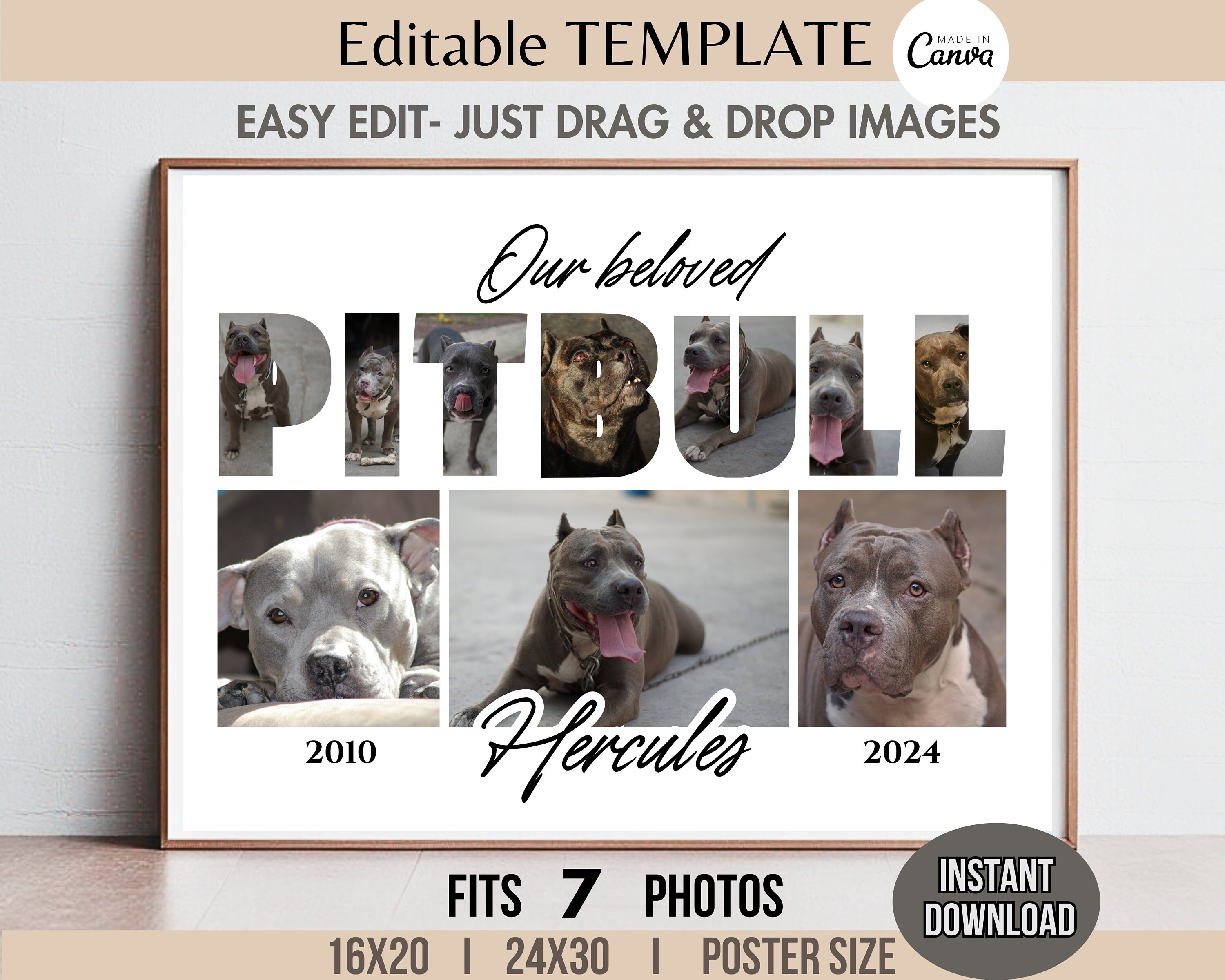 Editable PITBULL Photo Collage Canva TEMPLATE Printable Dog Wall Art ...