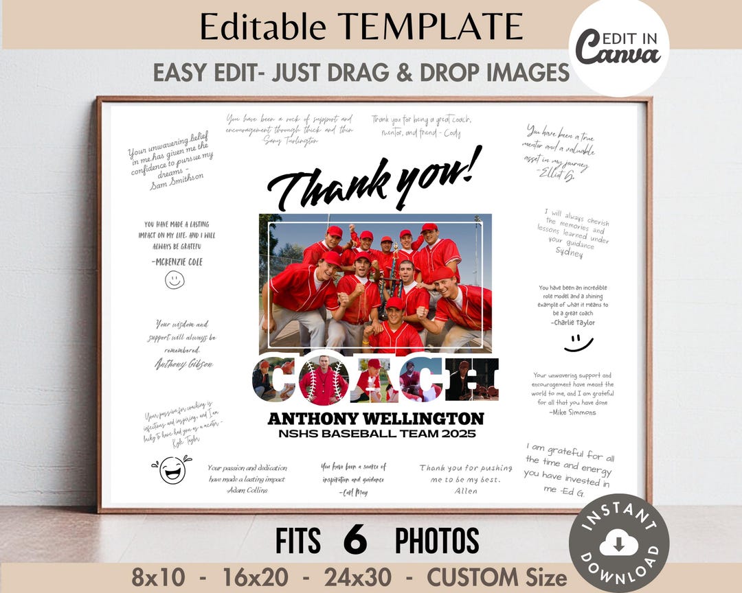 Baseball COACH Signing Frame Canva TEMPLATE Custom Photo Collage Sports ...