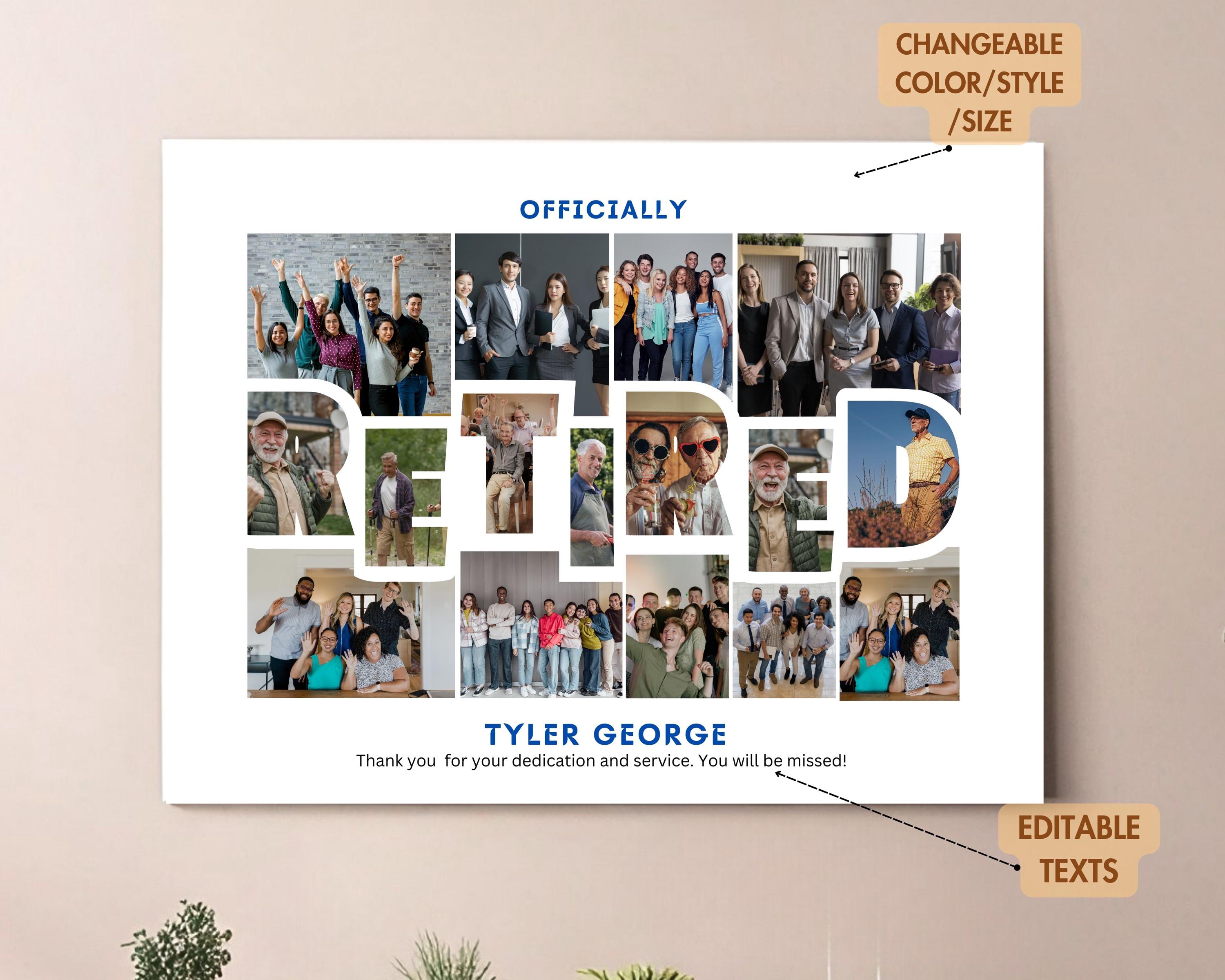 Editable RETIRED Word Photo Collage Frame Canva TEMPLATE Printable ...