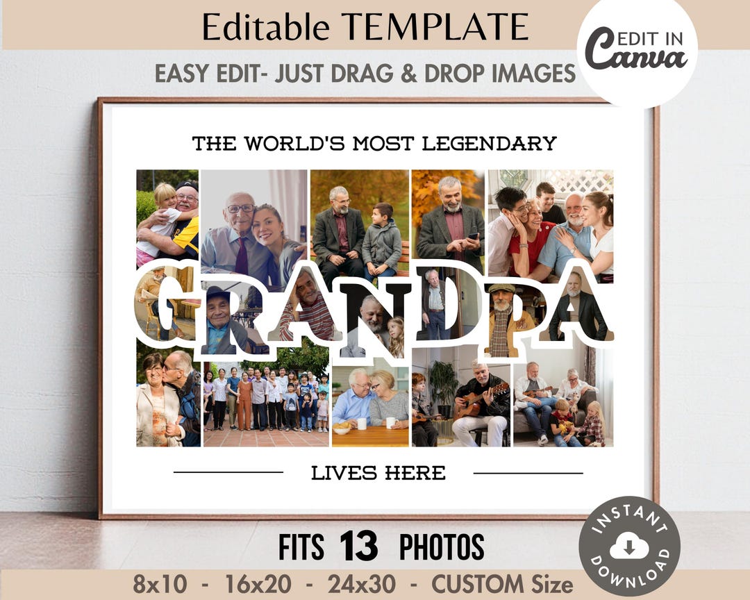 GRANDPA Photo Collage Editable Canva TEMPLATE Customizable Grandfather ...