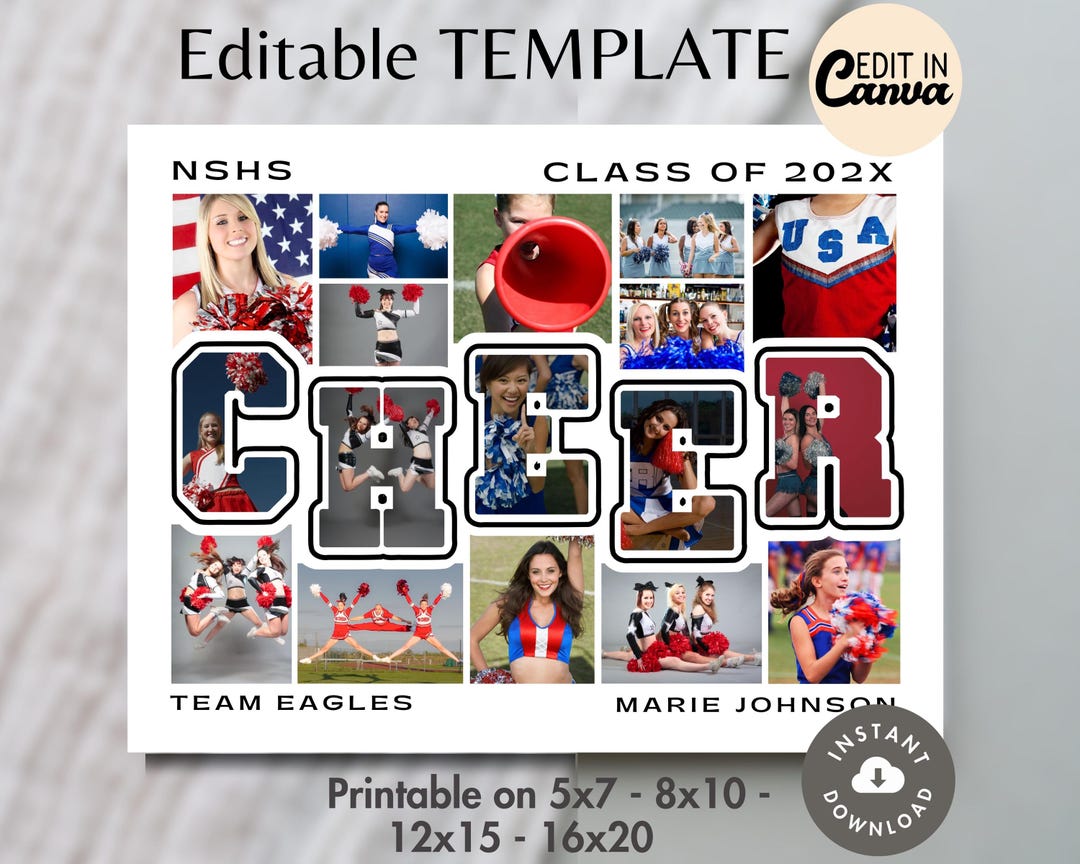 Editable CHEER Photo Collage Word Frame Canva TEMPLATE Custom Printable ...