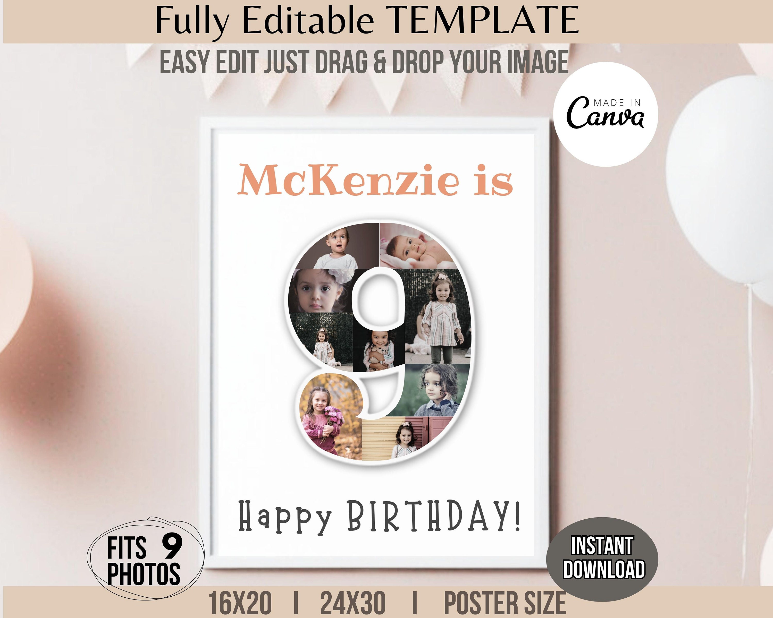 9th Birthday Poster TEMPLATE 9-photo Collage Number Frame - Etsy