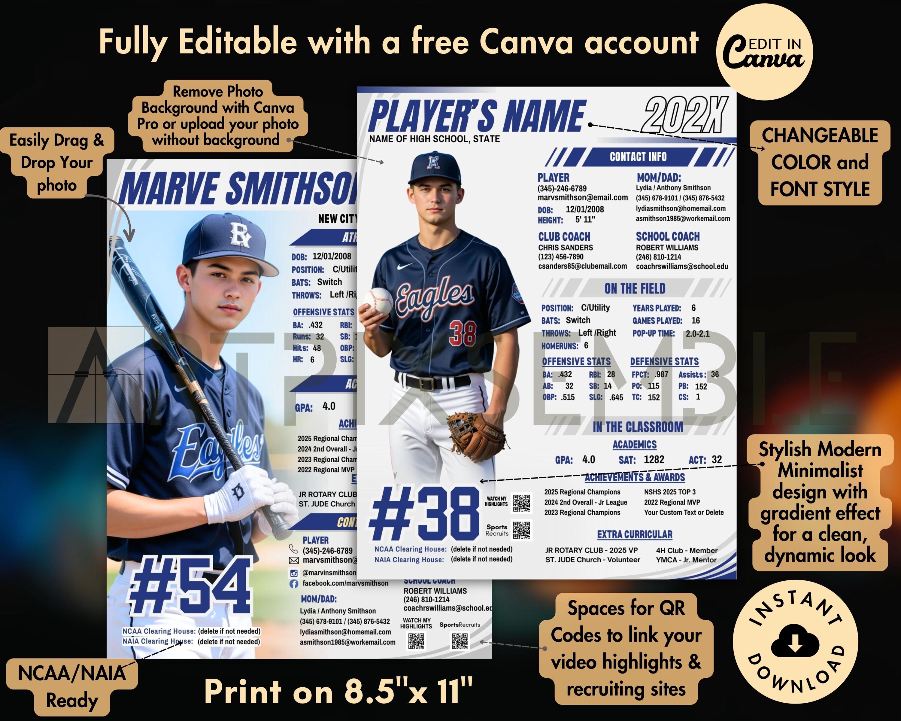 2-editable Player Profile Sheet TEMPLATES, Any Sports Athlete Photo ...