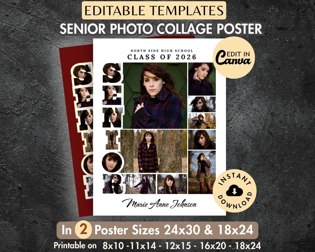 Editable SENIOR Photo Collage TEMPLATE, DIY Personalized Printable ...