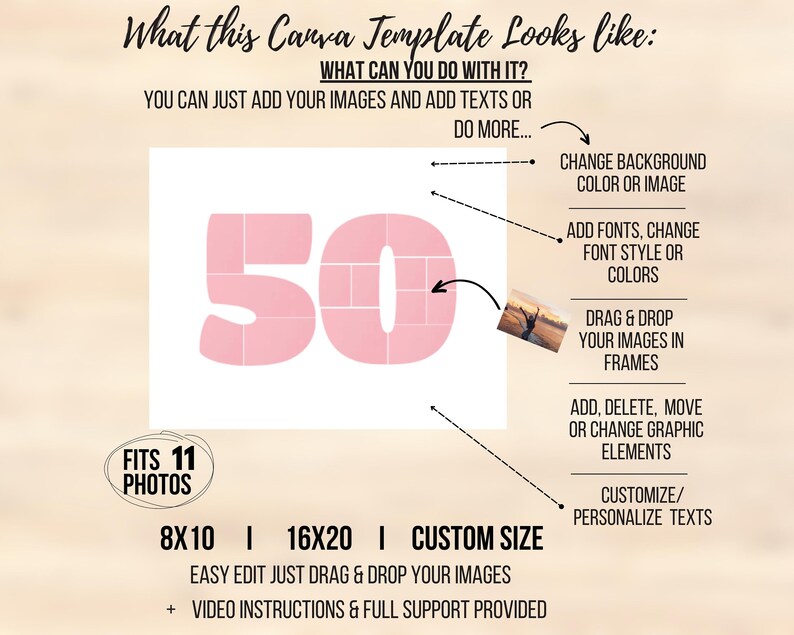 Editable Number 50 Photo Collage Canva TEMPLATE for 50th Birthday ...