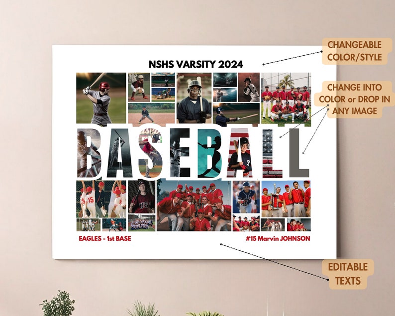 BASEBALL Photo Collage Ball Letter Frame TEMPLATE Printable Sports Team ...