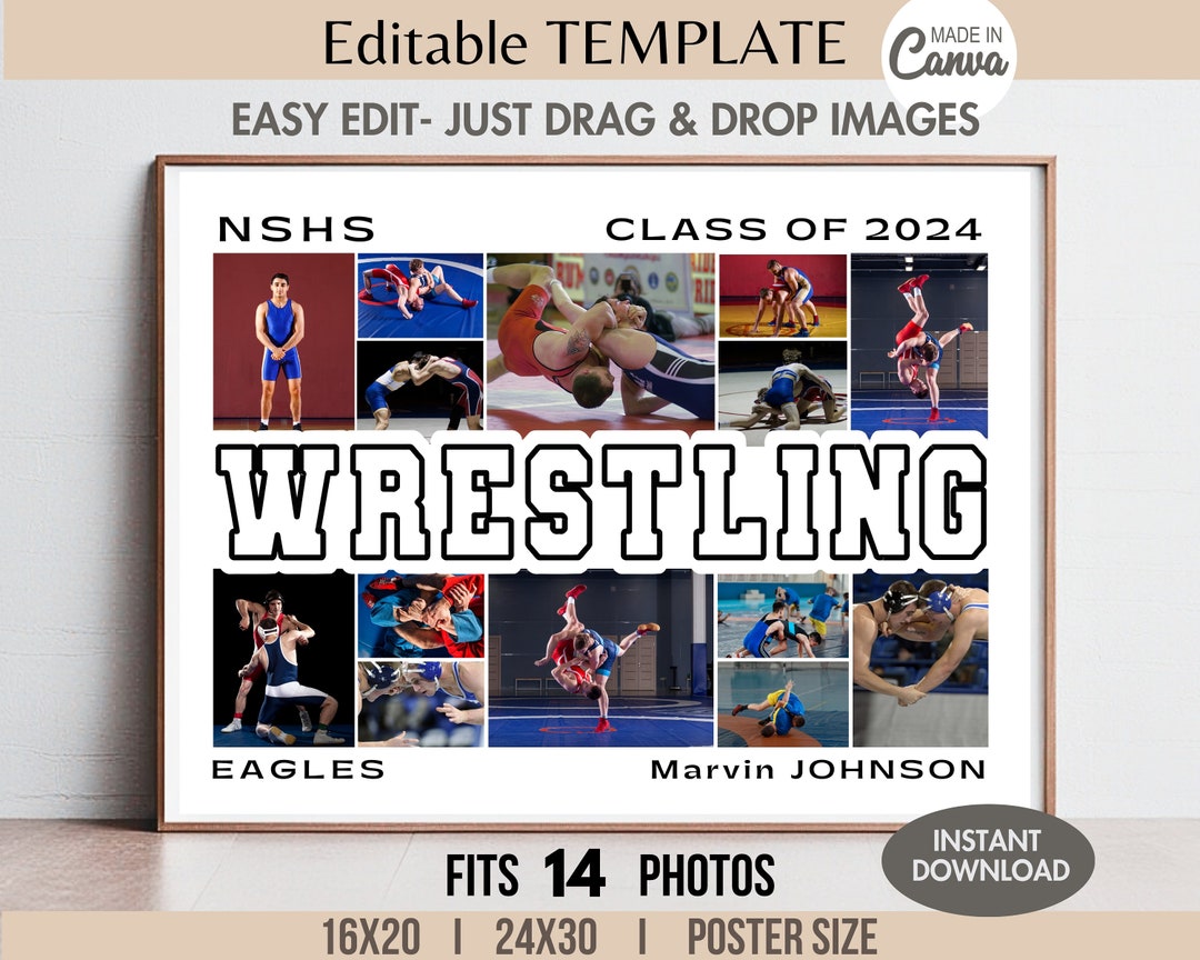 Editable 14-photo WRESTLING Collage Canva TEMPLATE Printable Sports ...