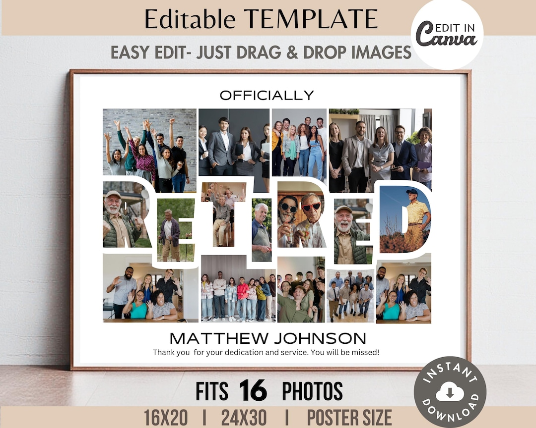 Editable RETIRED Word Photo Collage Frame Canva TEMPLATE Printable ...