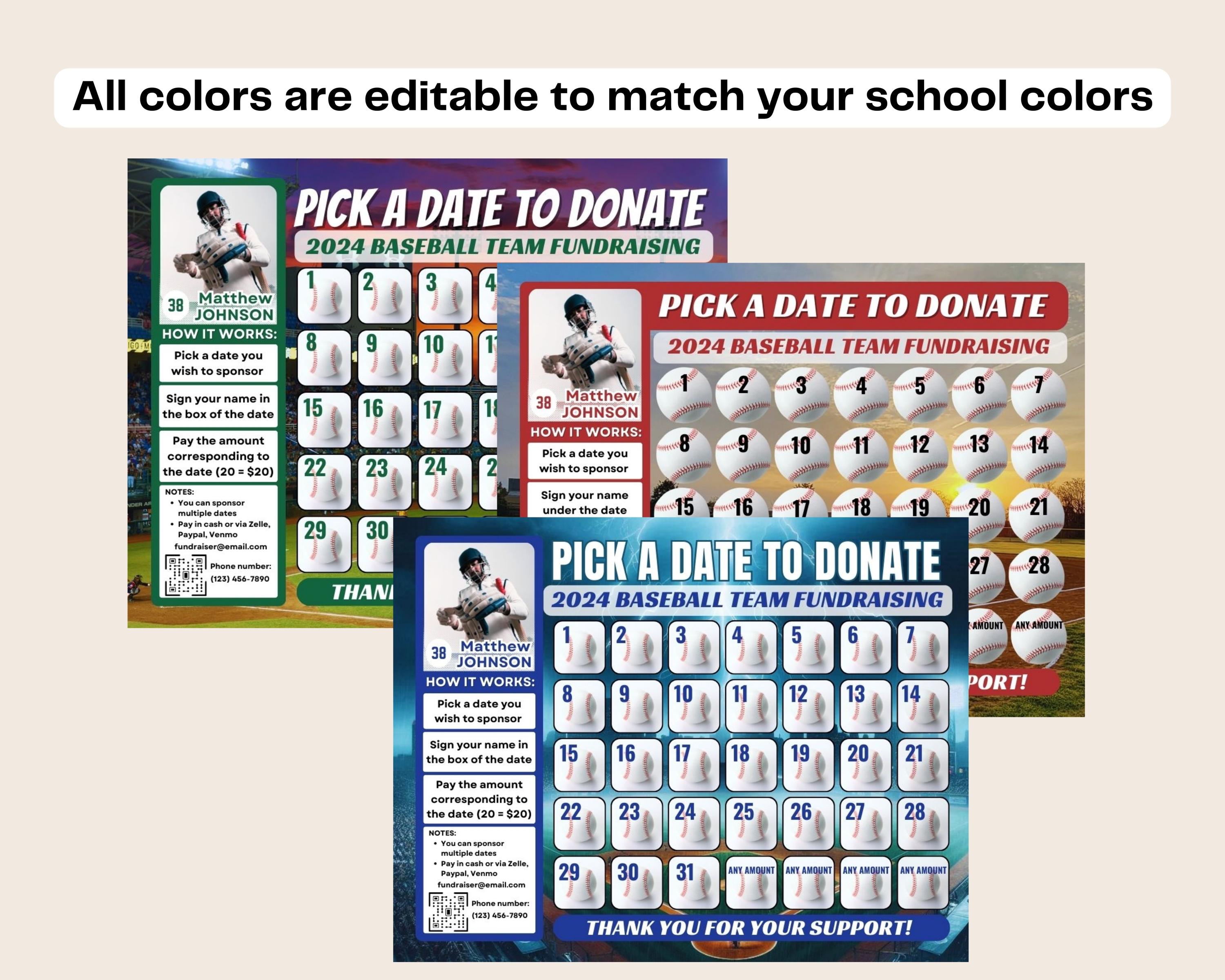 Editable BASEBALL Fundraising Calendar Canva TEMPLATE Customizable Fill ...