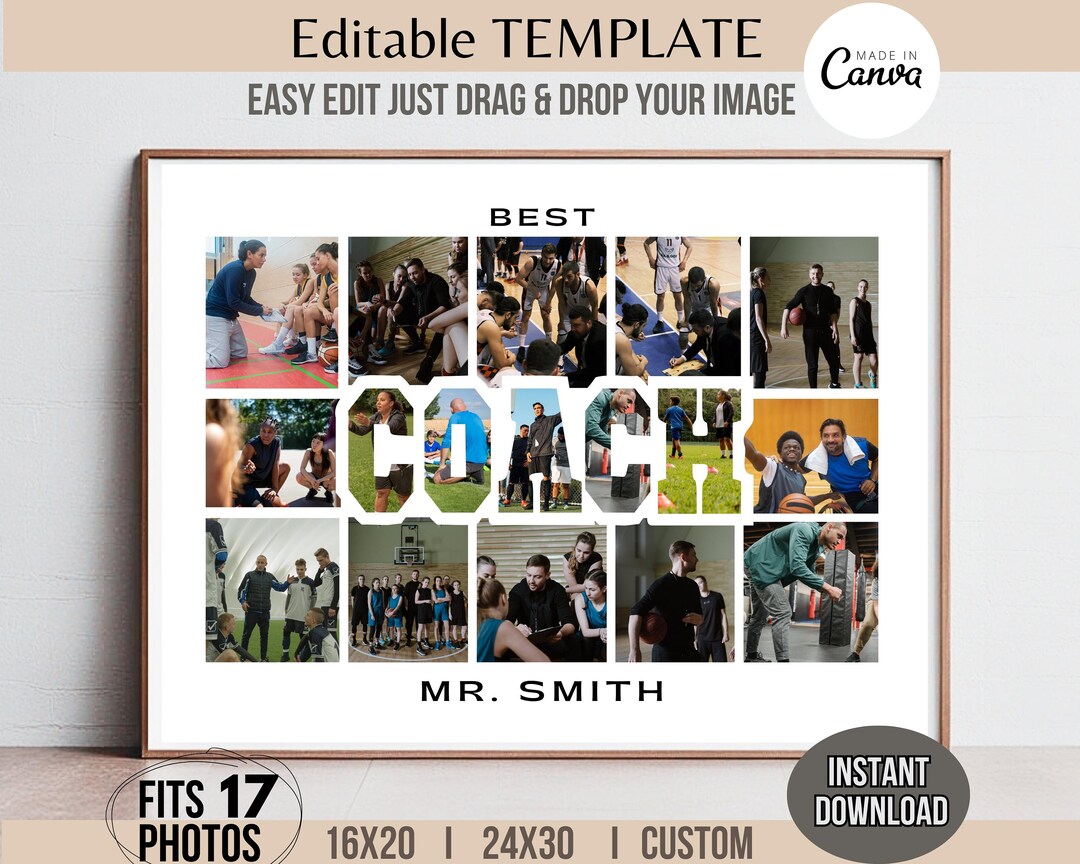 Editable 17-photo COACH Collage Canva TEMPLATE Sports Team Game Poster ...