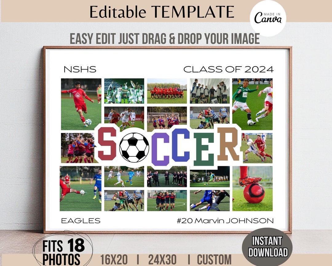 Editable 18-photo SOCCER Collage Canva TEMPLATE Sports Team Poster ...