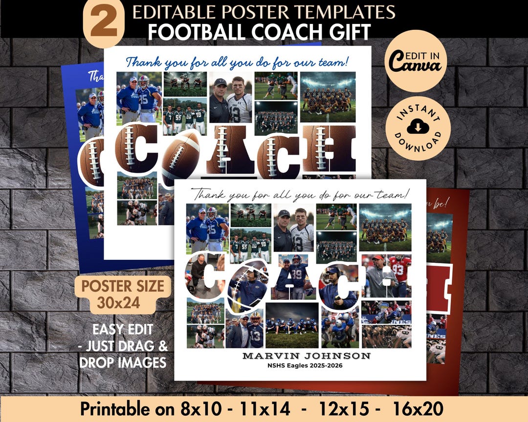 Football COACH Photo Collage Editable TEMPLATES, Printable Custom Team ...