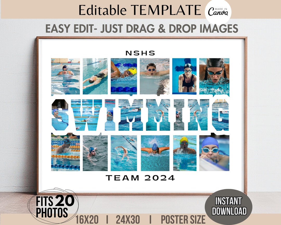 Editable 20-photo SWIMMING Collage Canva TEMPLATE Sports Team Poster ...