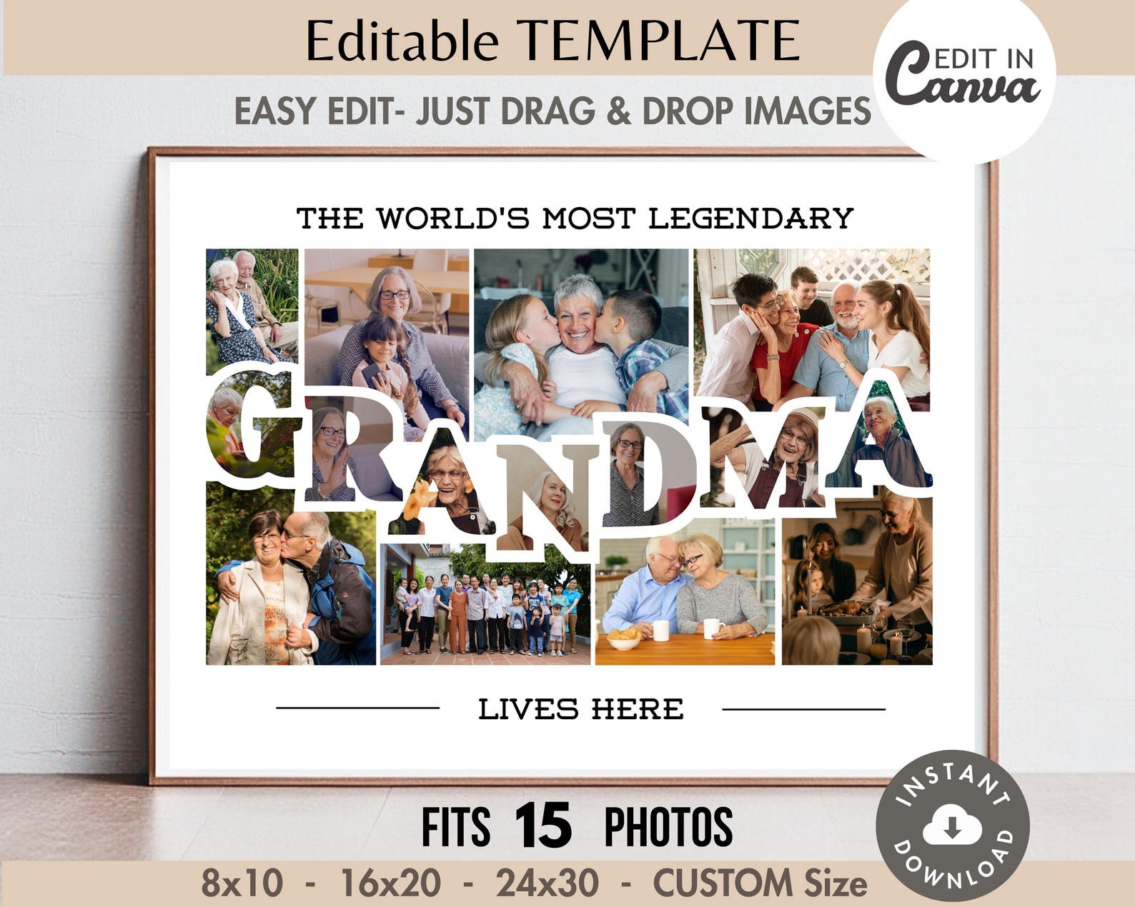 Editable GRANDMA Word Frame Photo Collage Canva TEMPLATE Personalized ...
