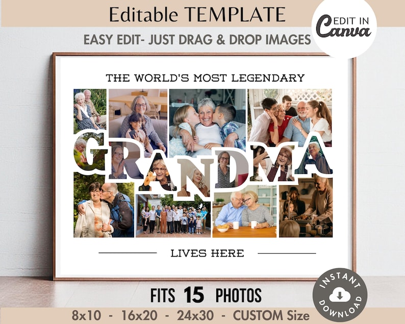 Editable GRANDMA Word Frame Photo Collage Canva TEMPLATE Personalized ...