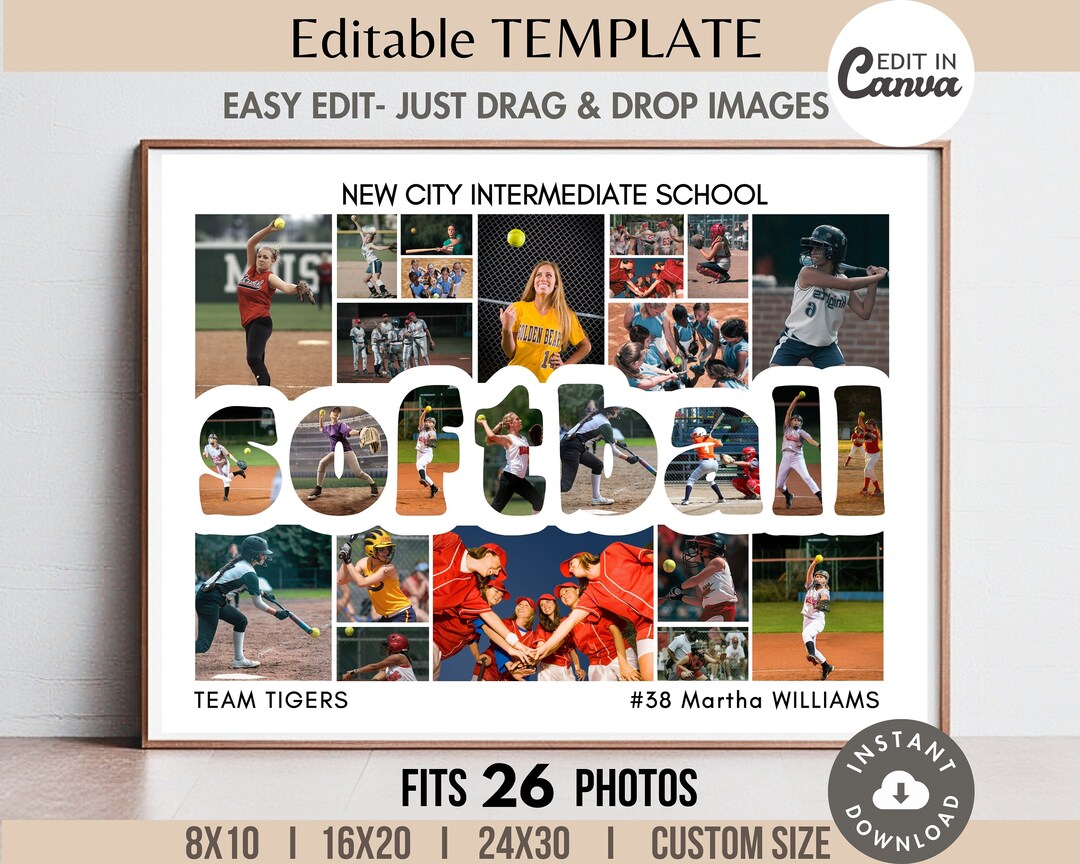 Editable SOFTBALL Photo Collage Canva TEMPLATE, Printable Team Poster ...