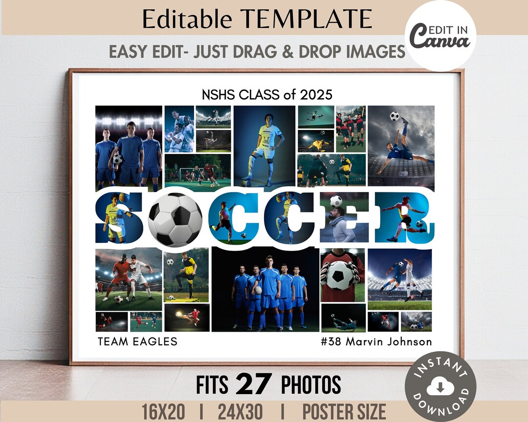 Editable 27-photo SOCCER Collage TEMPLATE Printable Sports Team Poster ...