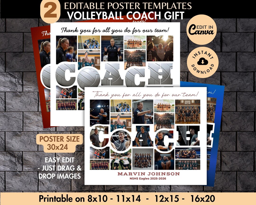 Volleyball COACH Photo Collage Canva TEMPLATES, Printable Custom Team ...
