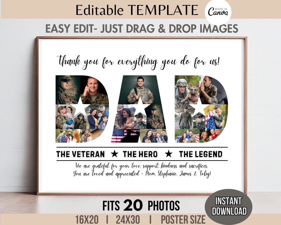 Editable 20-photo Veteran DAD Collage TEMPLATE Printable Father's Day ...