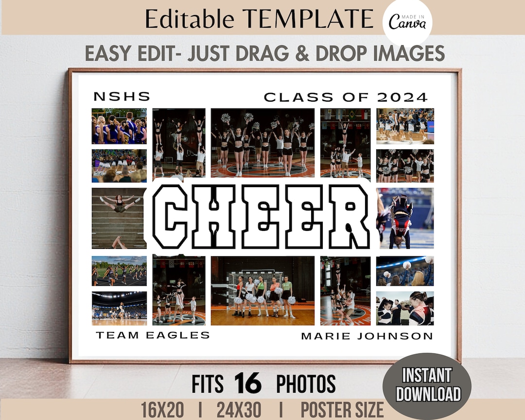 Editable 16-photo CHEER Word Collage Canva TEMPLATE Sports Team Poster ...