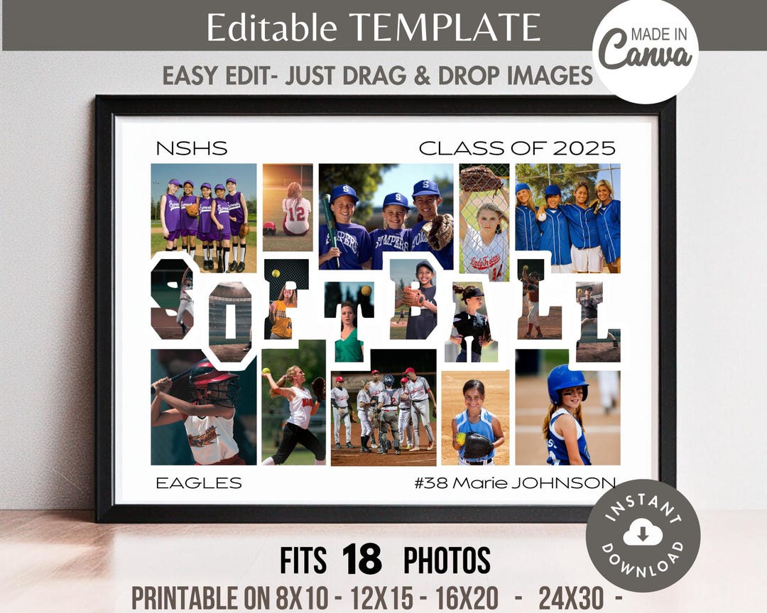Editable SOFTBALL Photo Collage Word Frame TEMPLATE, Custom Printable ...