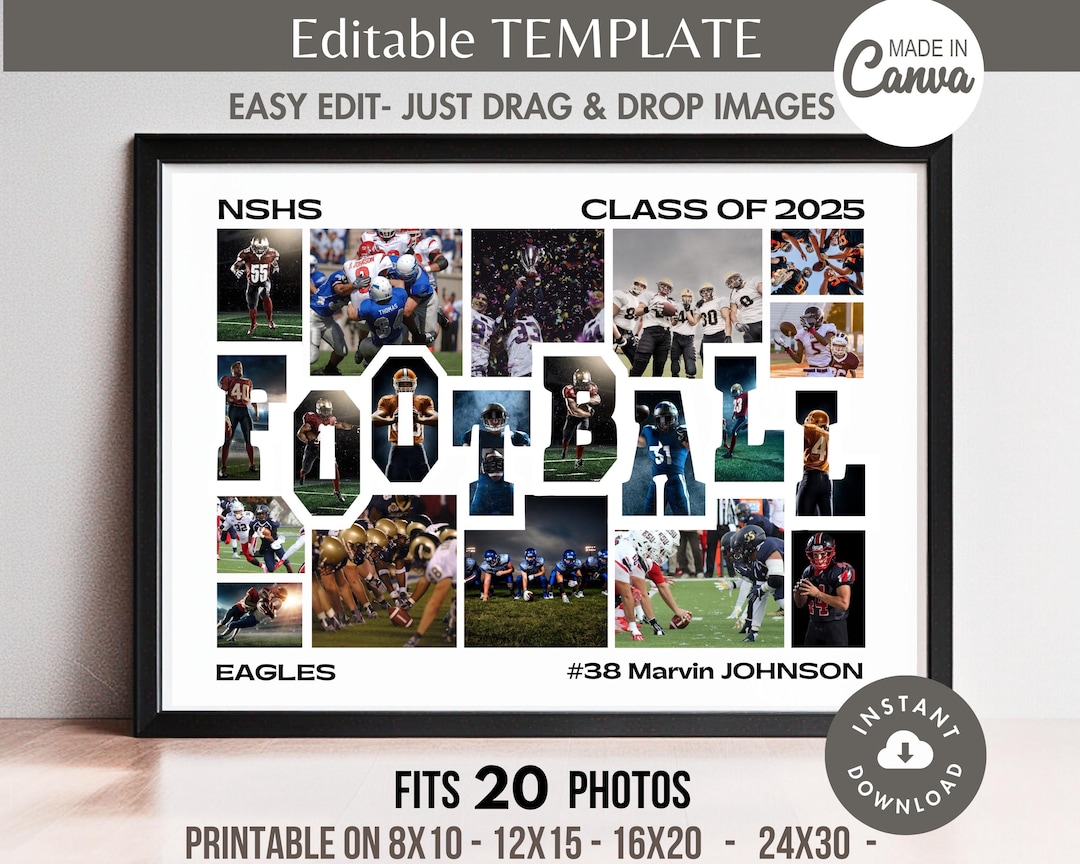 Editable 20-photo FOOTBALL Collage Canva Frame TEMPLATE Custom Sports ...