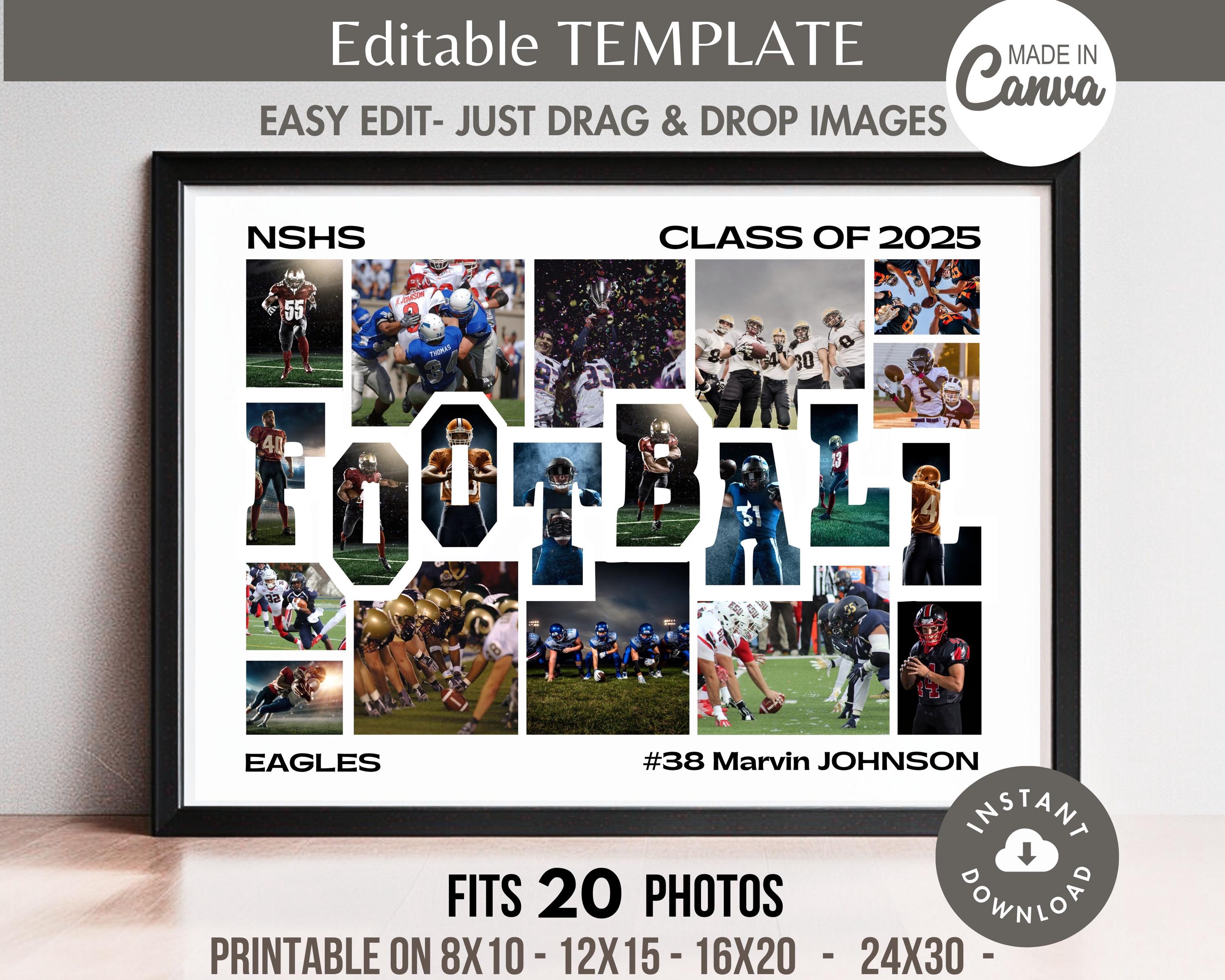 Editable 20-photo FOOTBALL Collage Canva Frame TEMPLATE Custom Sports ...