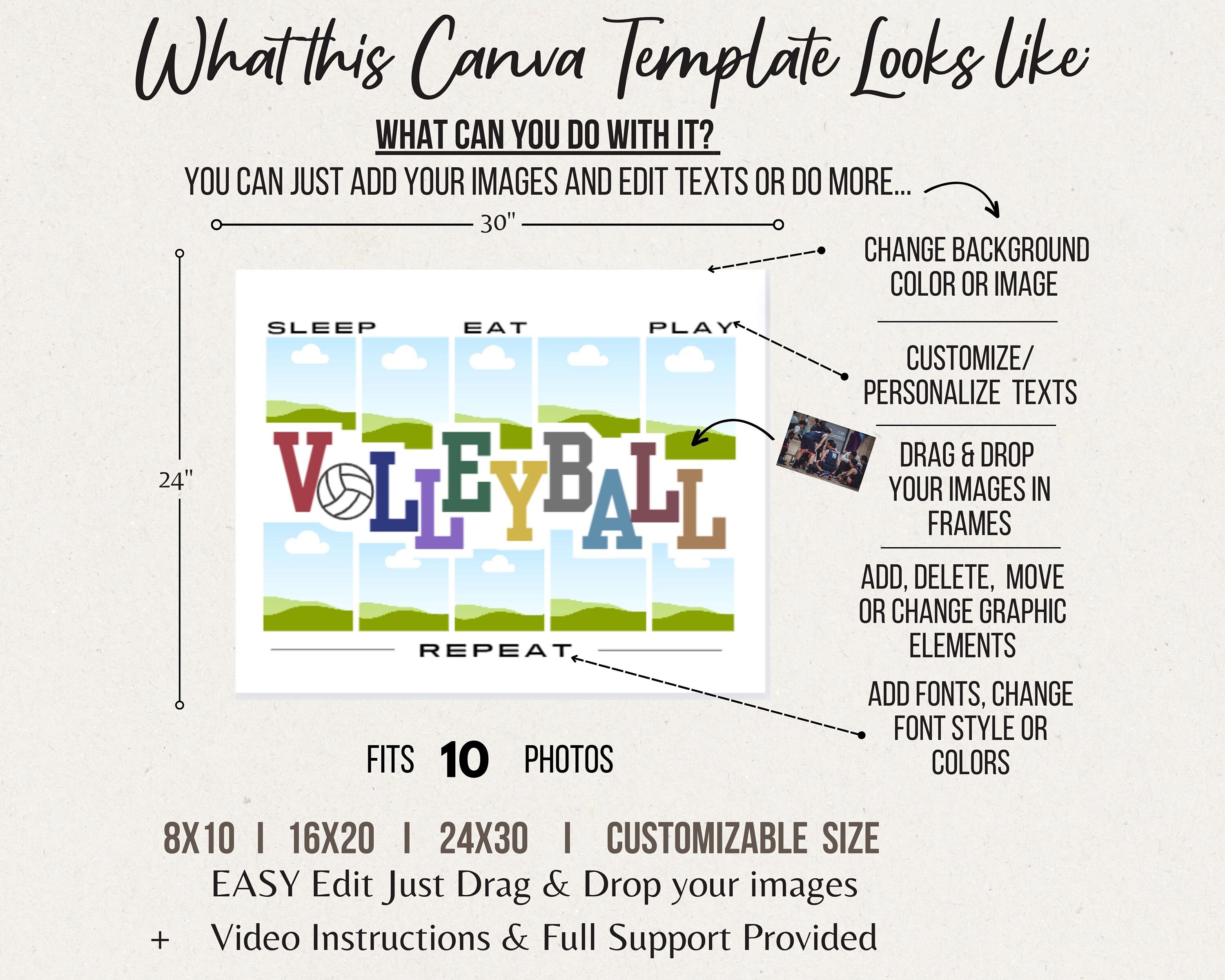 Editable 10-photo VOLLEYBALL Collage Canva TEMPLATE Sports - Etsy
