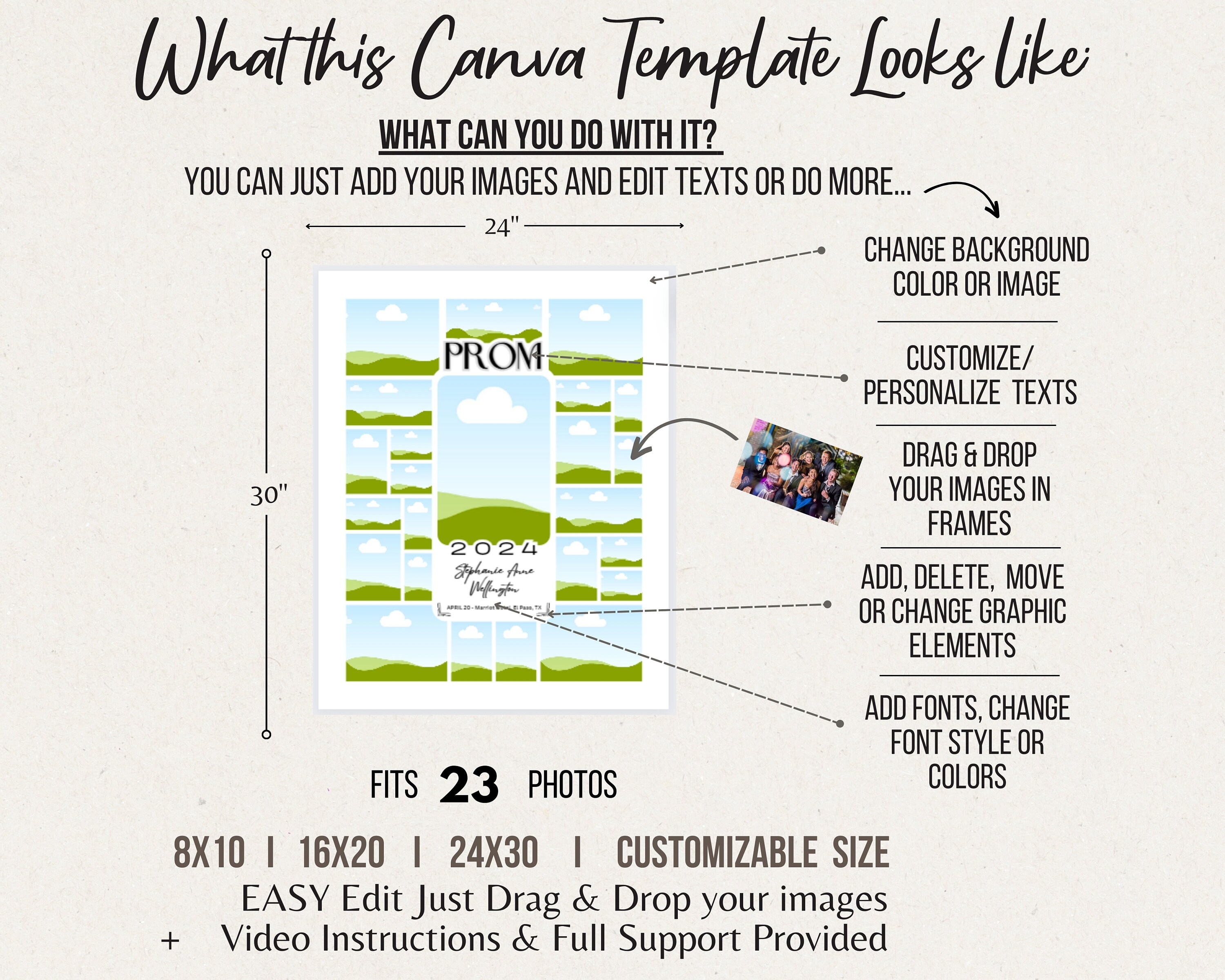 Editable PROM 2024 Photo Collage Poster TEMPLATE 23-picture DIY ...