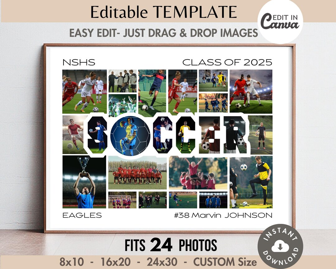 Editable 24-photo SOCCER Word Collage Canva TEMPLATE Custom Sports Team ...