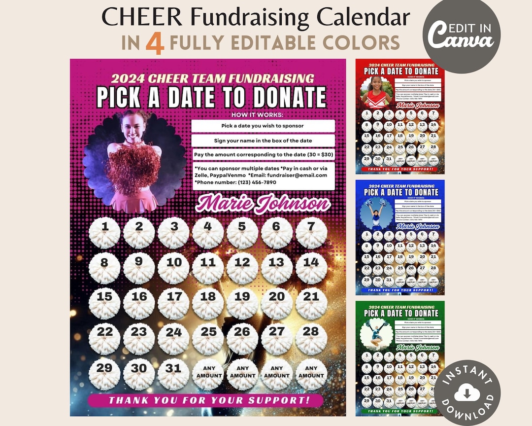 Editable CHEER Fundraising Calendar Canva TEMPLATE Customizable Fill ...