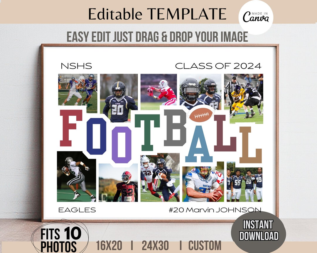 Editable 10-photo FOOTBALL Collage Canva TEMPLATE Sports Team Poster ...