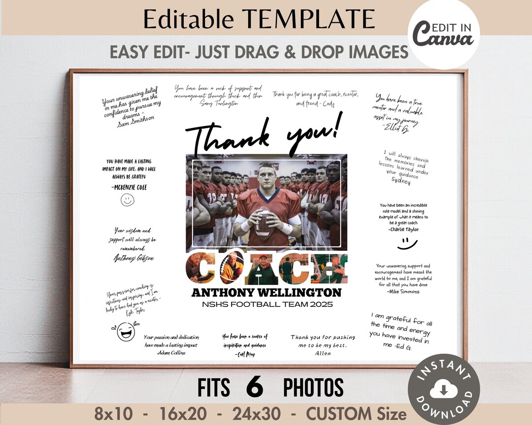 Football COACH Signing Frame Canva TEMPLATE Custom Photo Collage Sports ...