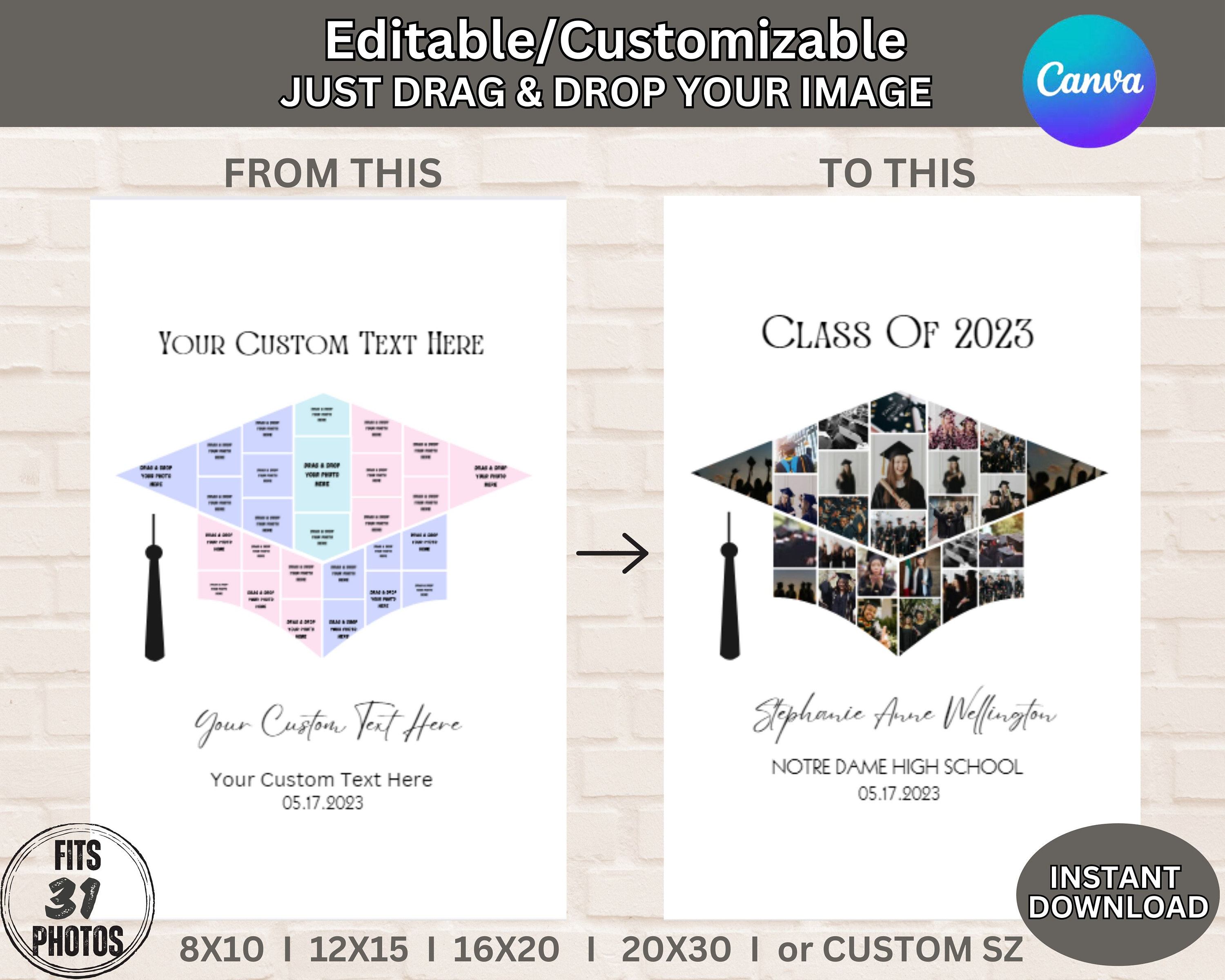Editable 2023 Graduation Cap Photo Collage Canva Template Wall Poster ...