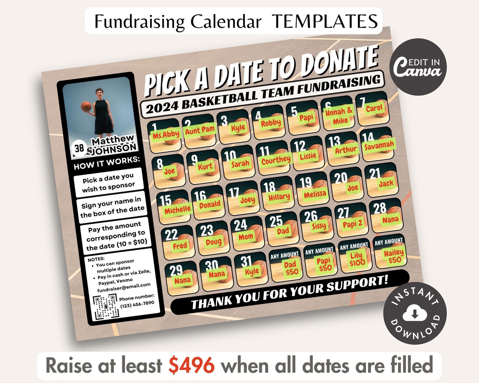 Editable BASKETBALL Fundraising Calendar Canva TEMPLATE Customizable ...